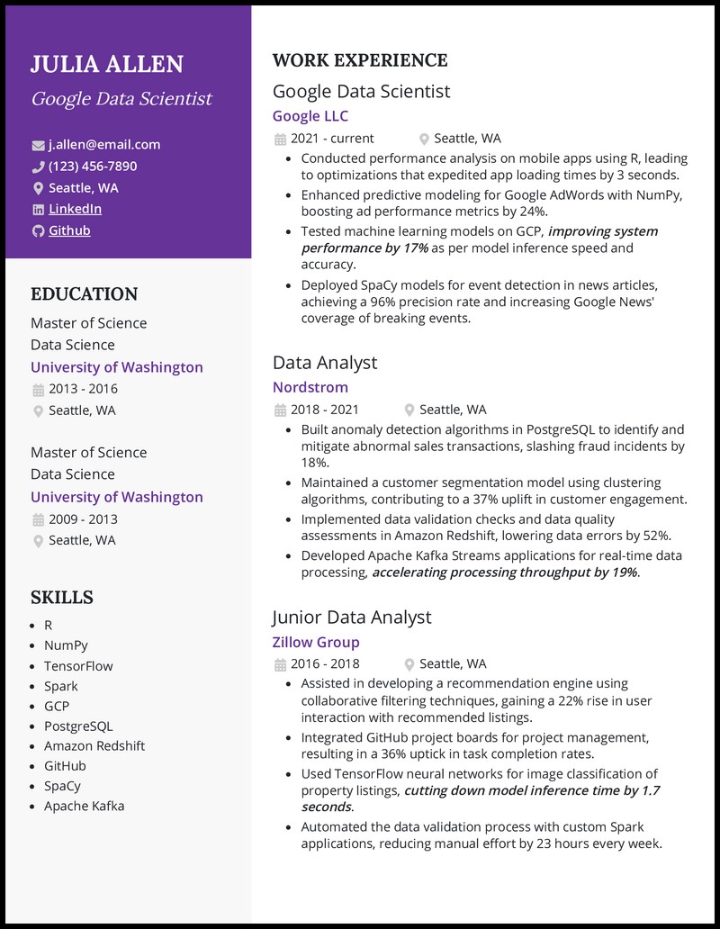 Data Scientist Resume Examples for Freshers [2025] | Hero Vired